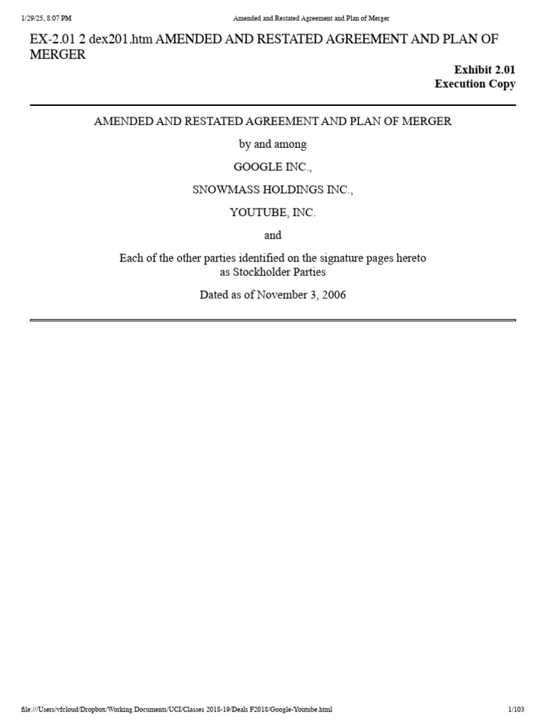 Google-Youtube Merger Agreement | PDF | Mergers And Acquisitions | Stocks