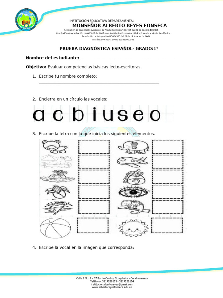Prueba Diagnóstica Español Grado 1 | PDF | Educación de la primera infancia