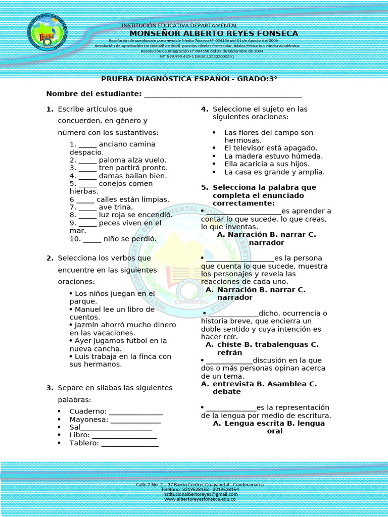 Prueba Diagnóstica Español 3° Grado 2025 | PDF