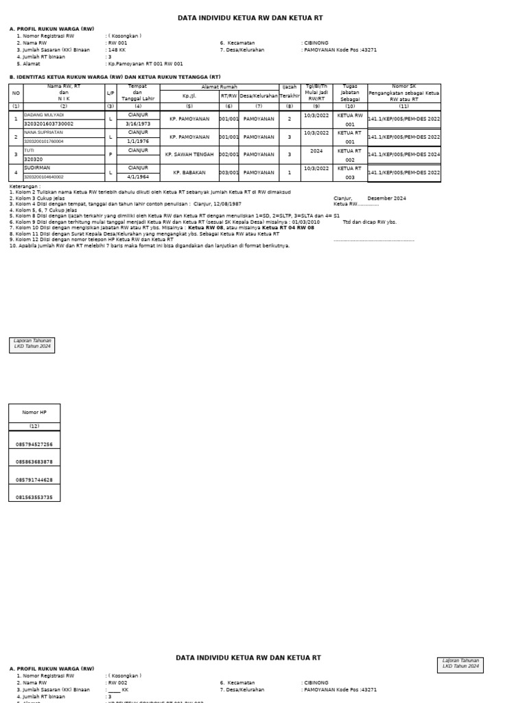 Format Pendataan RT_RW PAMOYANAN | PDF
