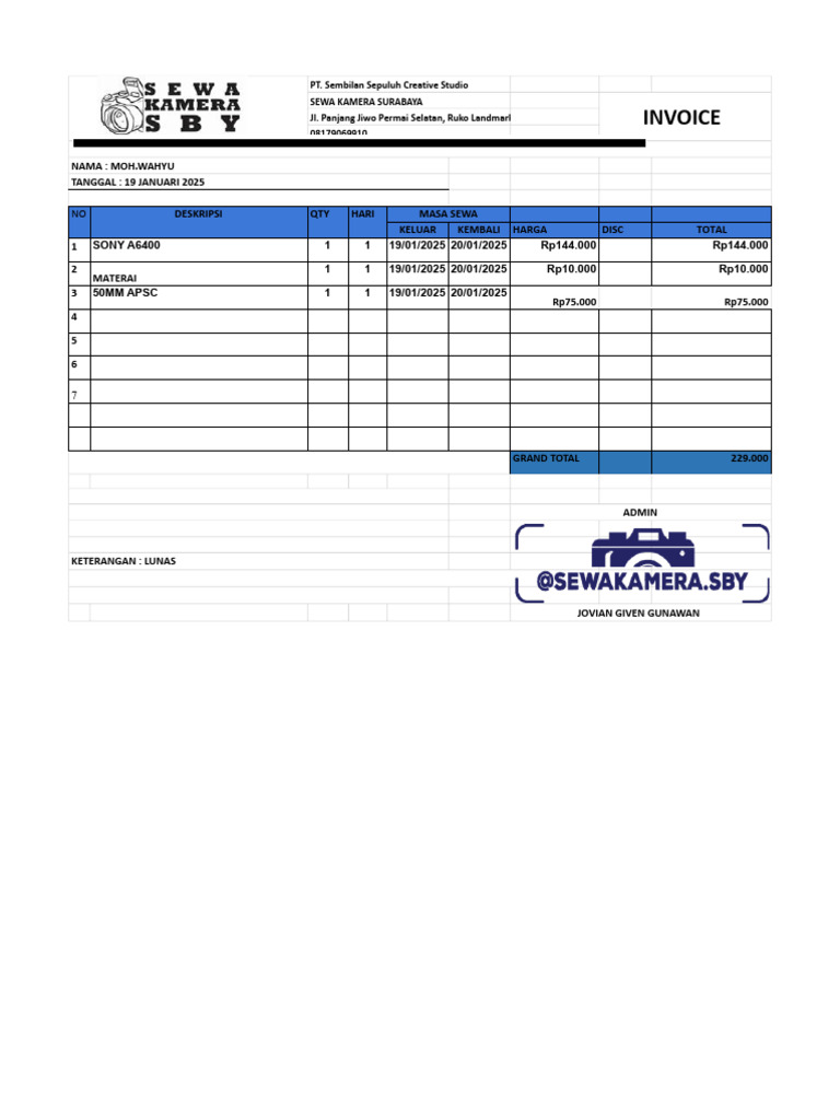 Invoice Sewa Kamera Surabaya | PDF