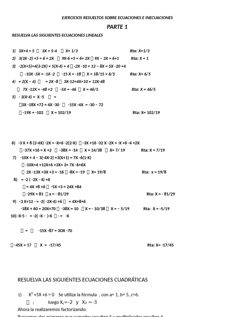 Problemas de Ecuaciones Inecuaciones Lineales y Cuadráticas | PDF | Matemáticas | Objetos ...