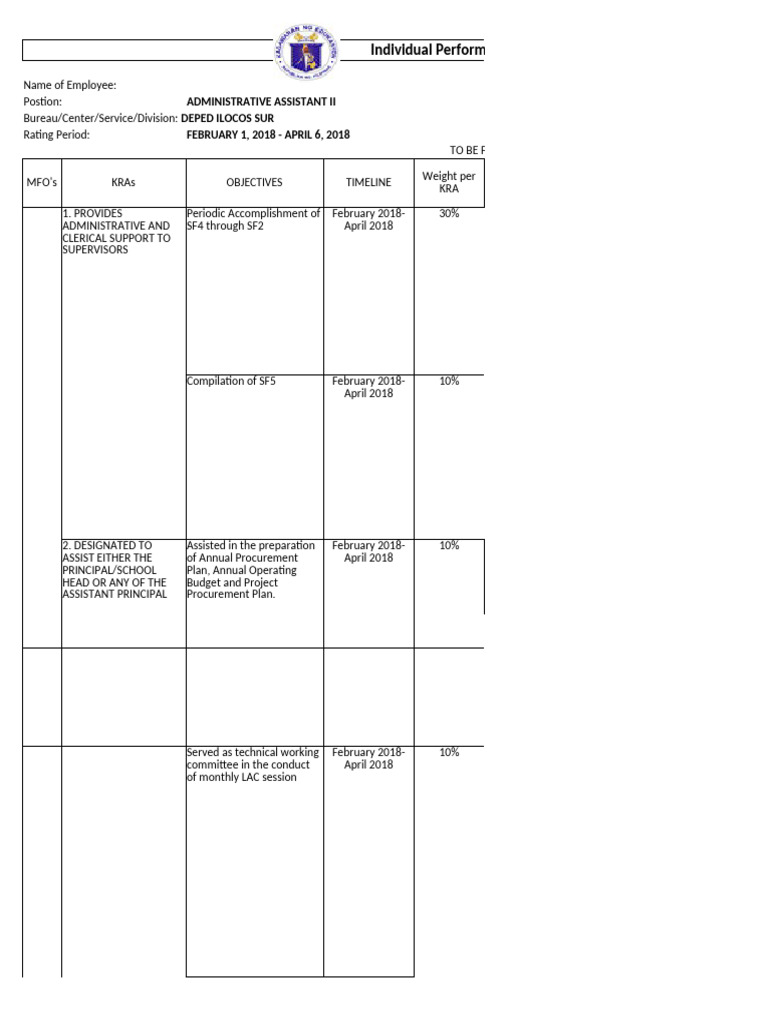 IPCRF for Administrative Assistant II | PDF | Business