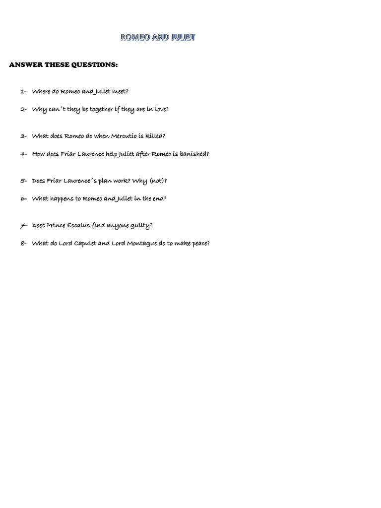 Romeo and Juliet Study Questions | PDF