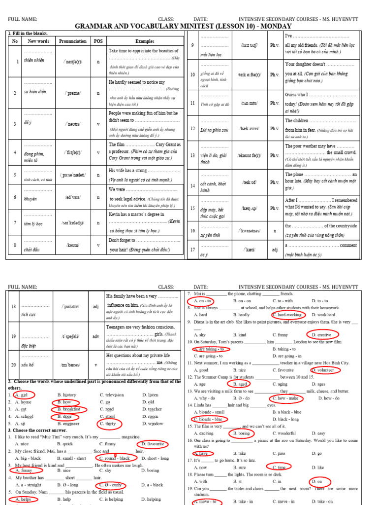 24a - Mon - L10 - Grammar + Vocab Minitest - Key For Students | PDF