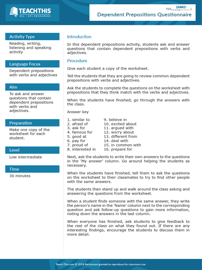 Dependent Prepositions Activity | PDF | Verb | Adjective