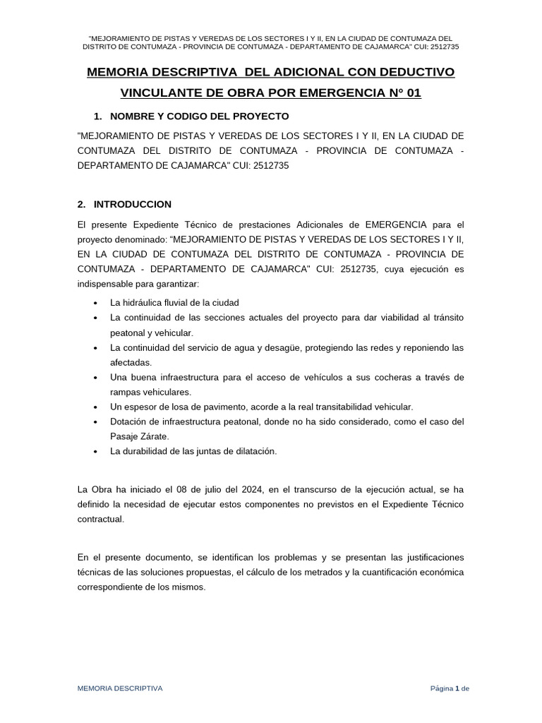 MEMORIA DESCRIPTIVA ADICIONAL-DEDUCTIVO EMERFENCIA N° 01 | PDF | Presupuesto