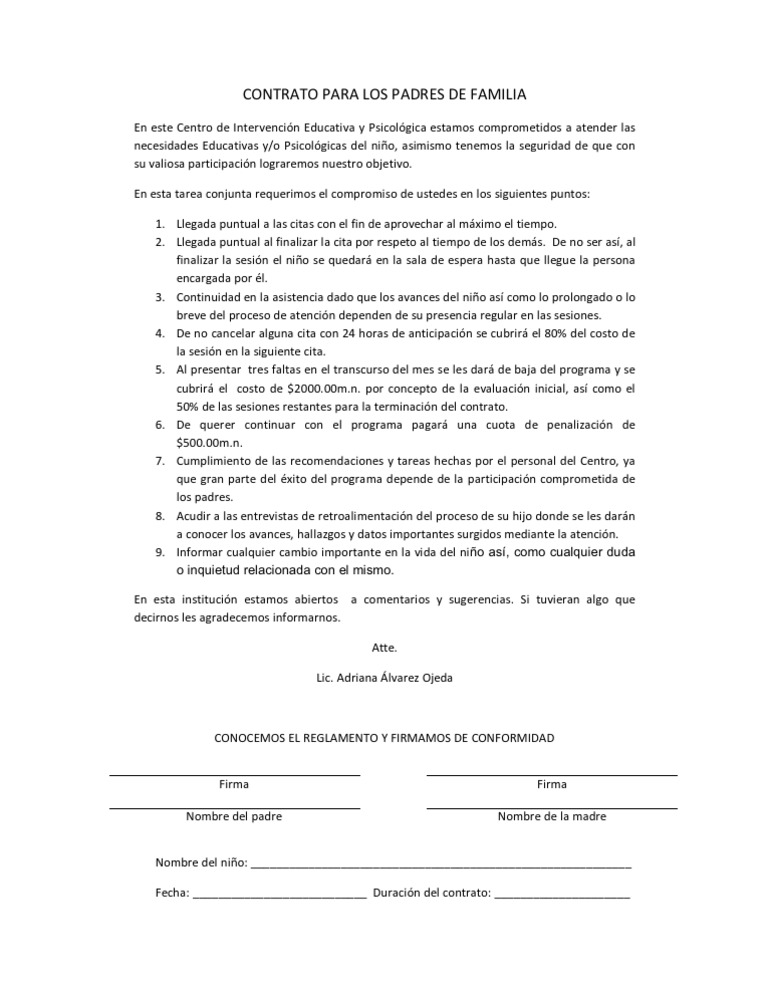 Contrato para Los Padres de Familia