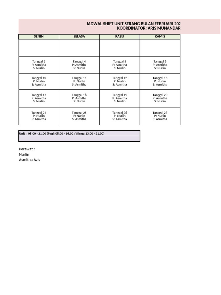 JADWAL SHIFT UNIT SERANG BULAN FEBRUARI 2025 | PDF