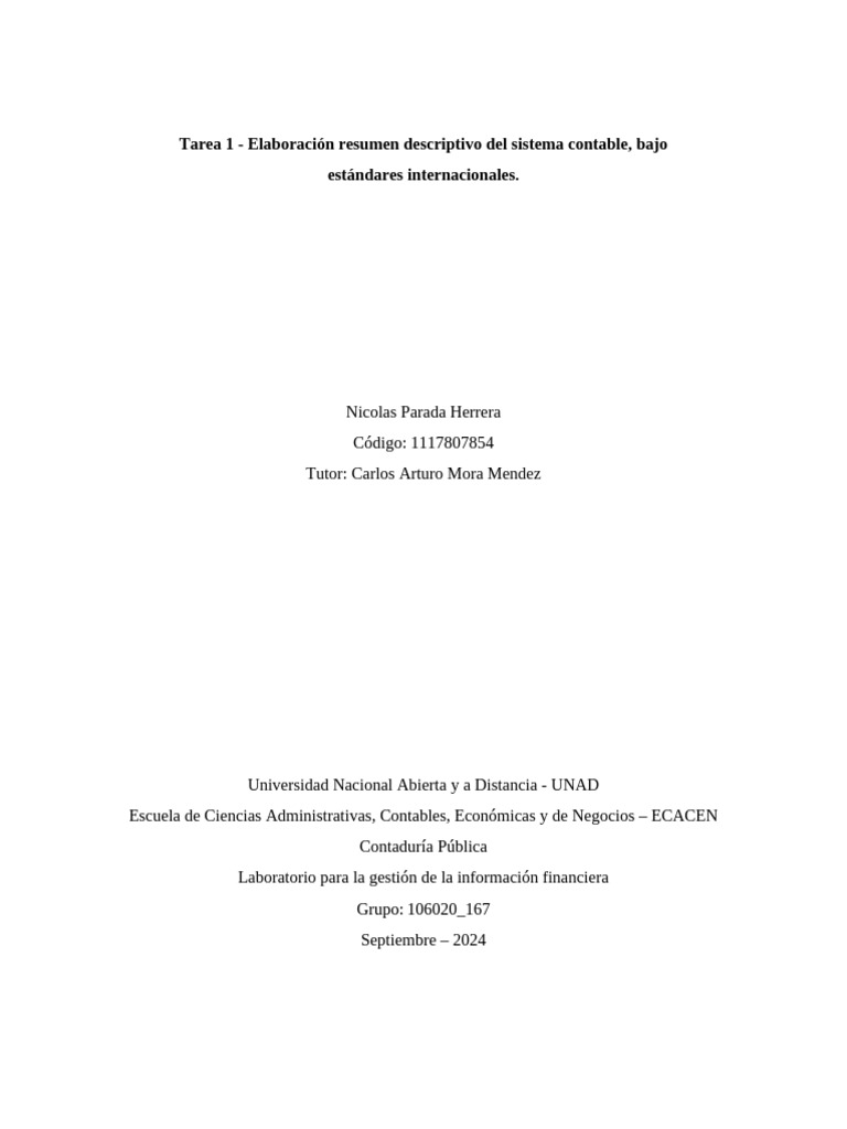 Tarea 1 - Elaboración Resumen Descriptivo Del Sistema Contable, Bajo Estándares Internacionales ...
