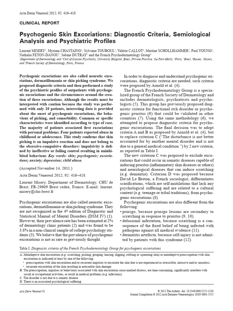 Psychogenic Skin Excoriations - Diagnostic Criteria, Semiological ...
