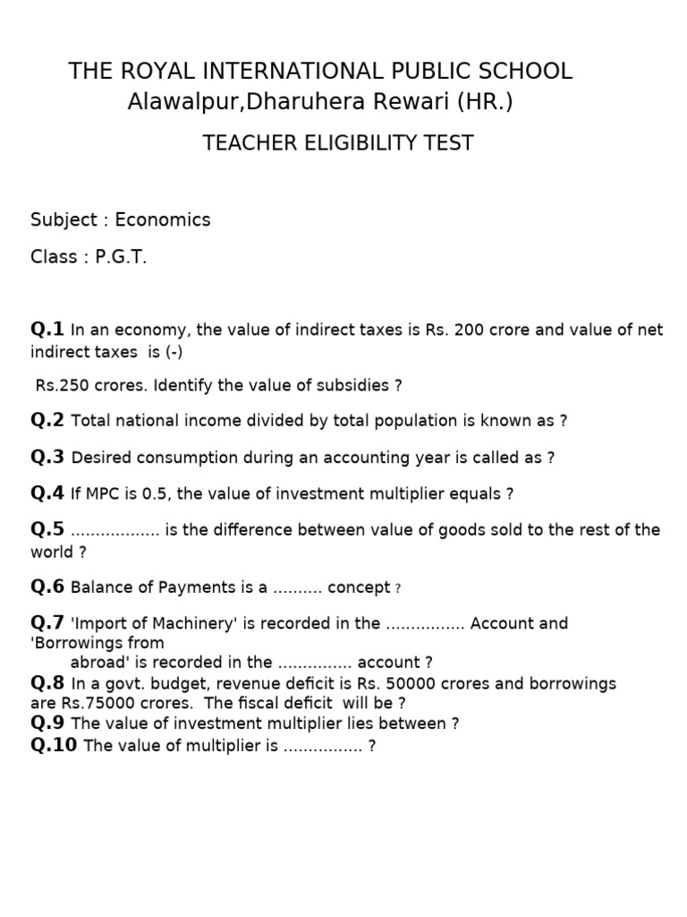 Economics Teacher Eligibility Test Questions | PDF