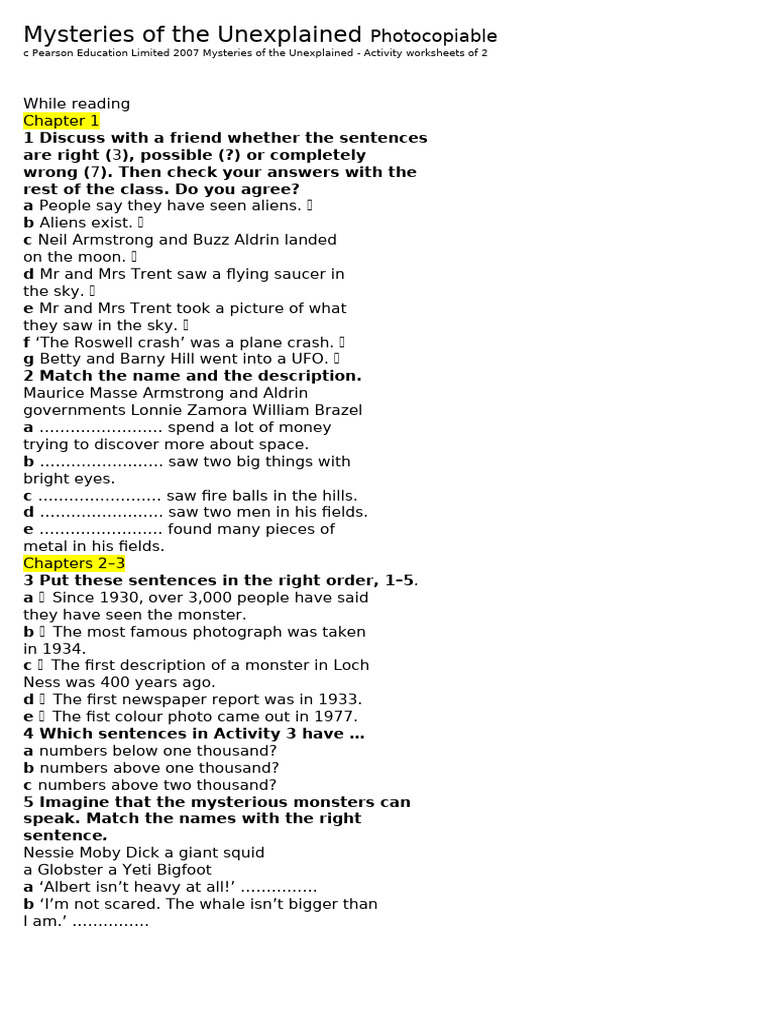 Mysteries of the Unexplained Worksheets | PDF