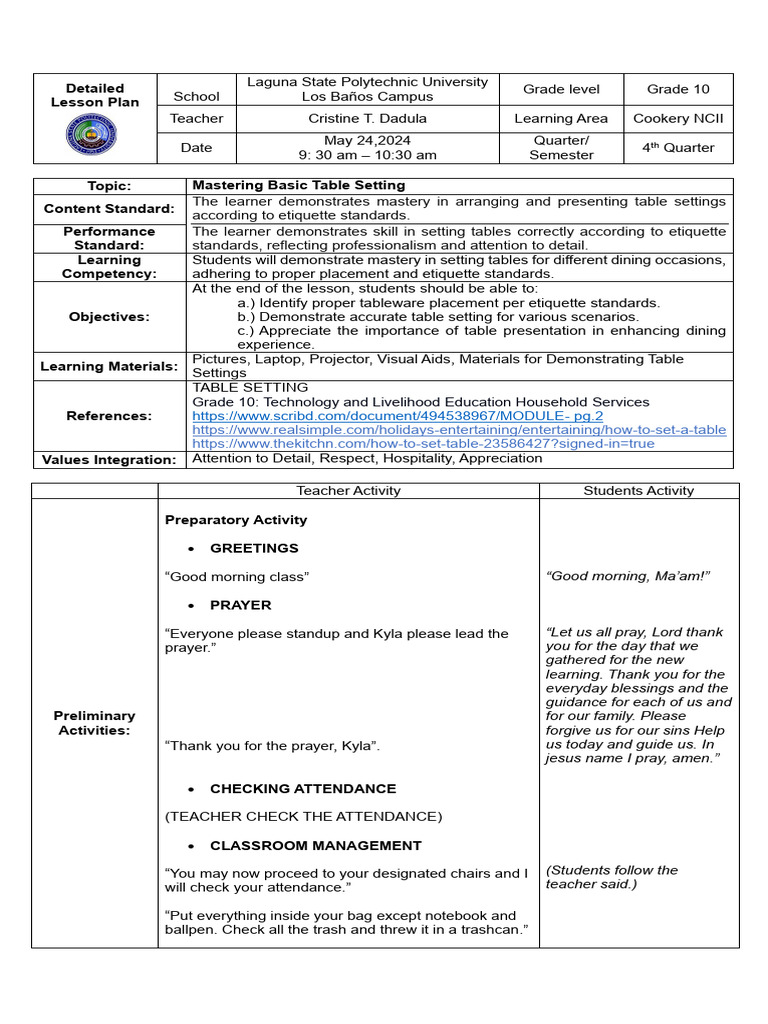 Grade 10 Table Setting Lesson Plan | PDF | Tableware | Foods