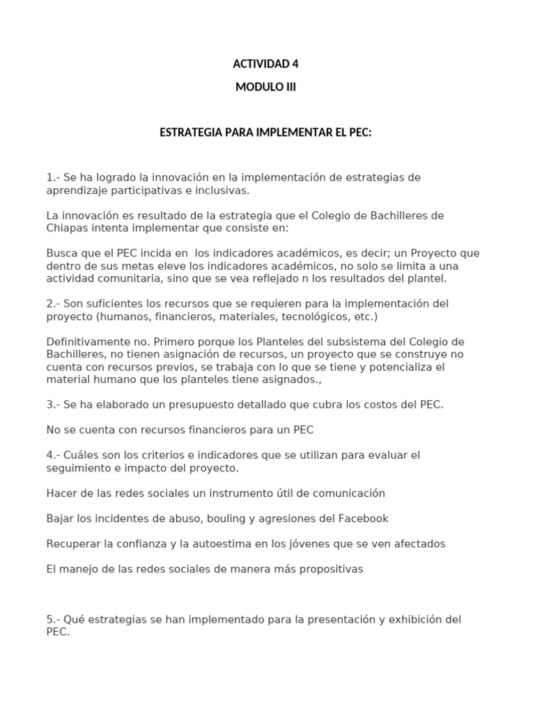 Modulo III Act 4.- Analisis y valoraciones del PEC | PDF | Aprendizaje