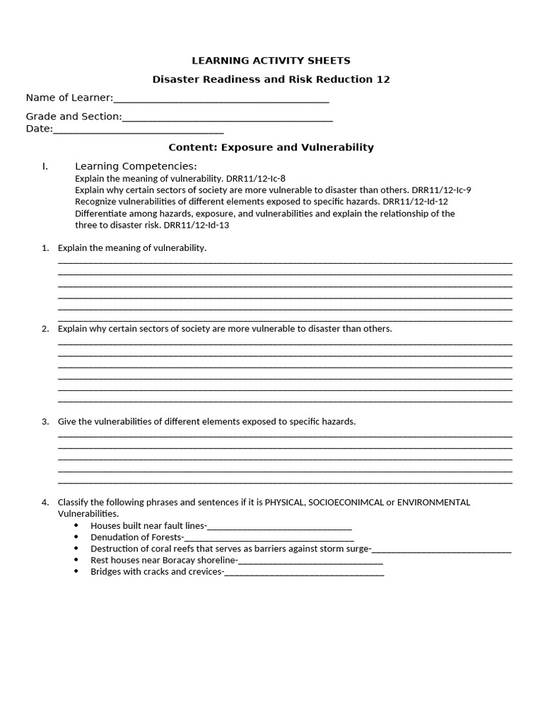 LEARNING-ACTIVITY-SHEETS-IN-DRRR-12 | PDF | Hazards | Vulnerability