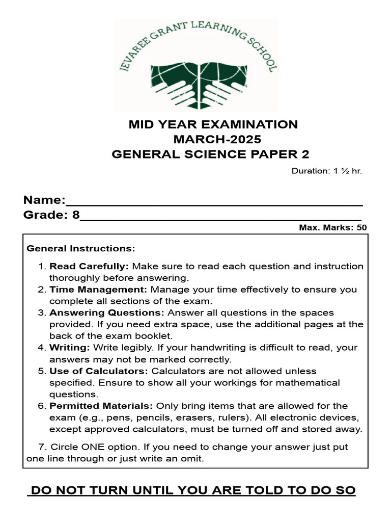 General Science MID YEAR EXAMINATION Paper 2 2025-1 | PDF | Foods