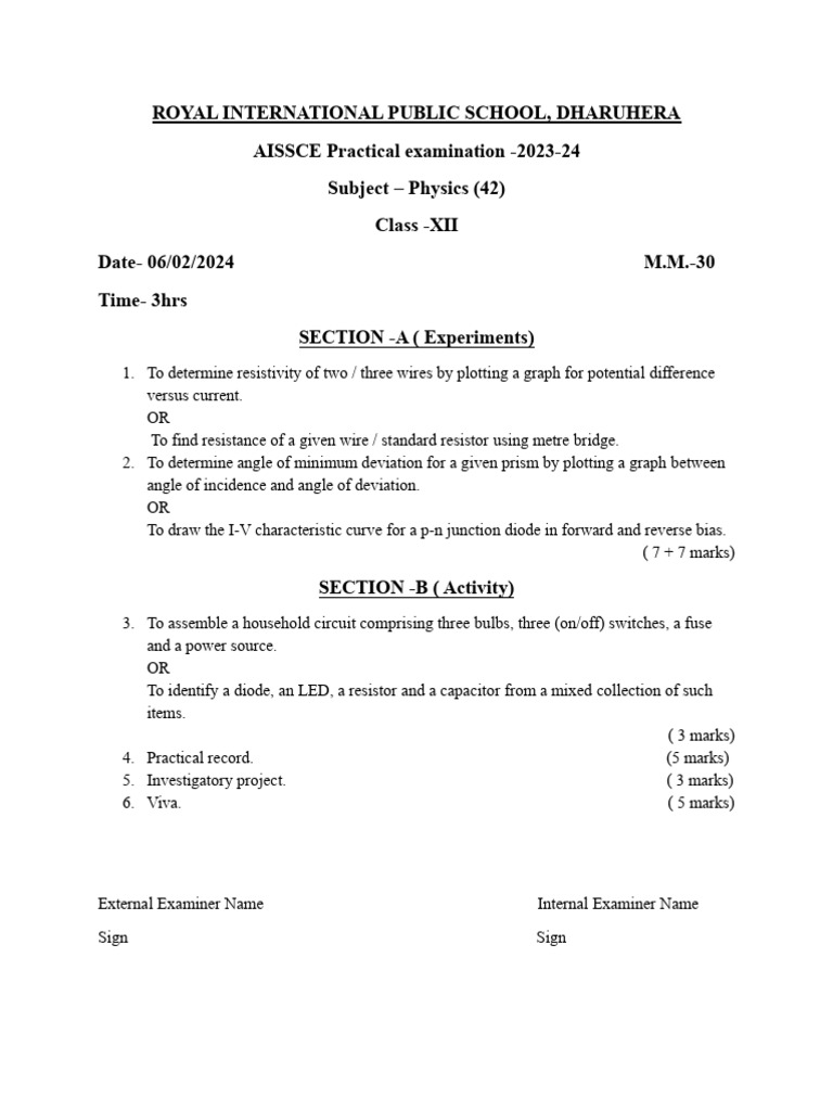 Physics Practical Question Paper (23-24) - 1 | PDF
