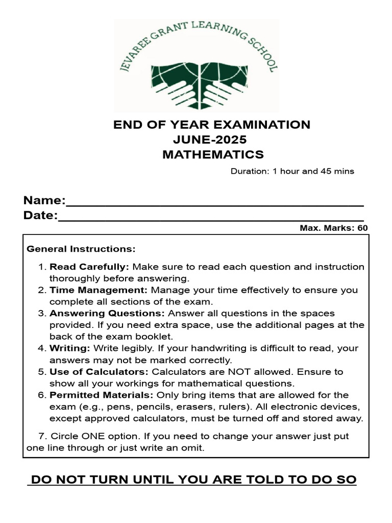 Mathematics End of Year Exam Paper 2 2025-1 | PDF | Significant Figures