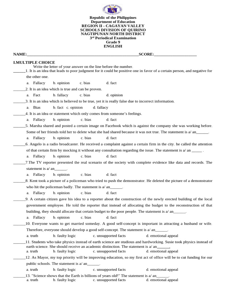 Pisa Exam Grade 9 English - 100512 | PDF | Bias | Sex Education