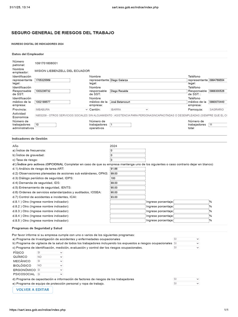 Elaboración y Reporte de Indices de Gestión SST Iess - Misión Liebenzell 2025 | PDF