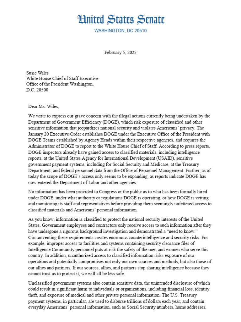 Senators Pen Letter Asking White House To Answer Questions About DOGE ...