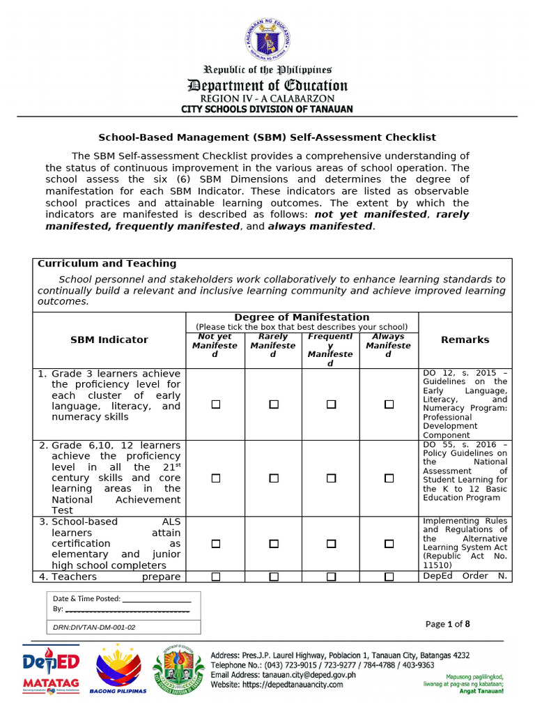 School Based Management SBM Self Assessment Checklist With Legal Basisremarks | PDF | Schools ...