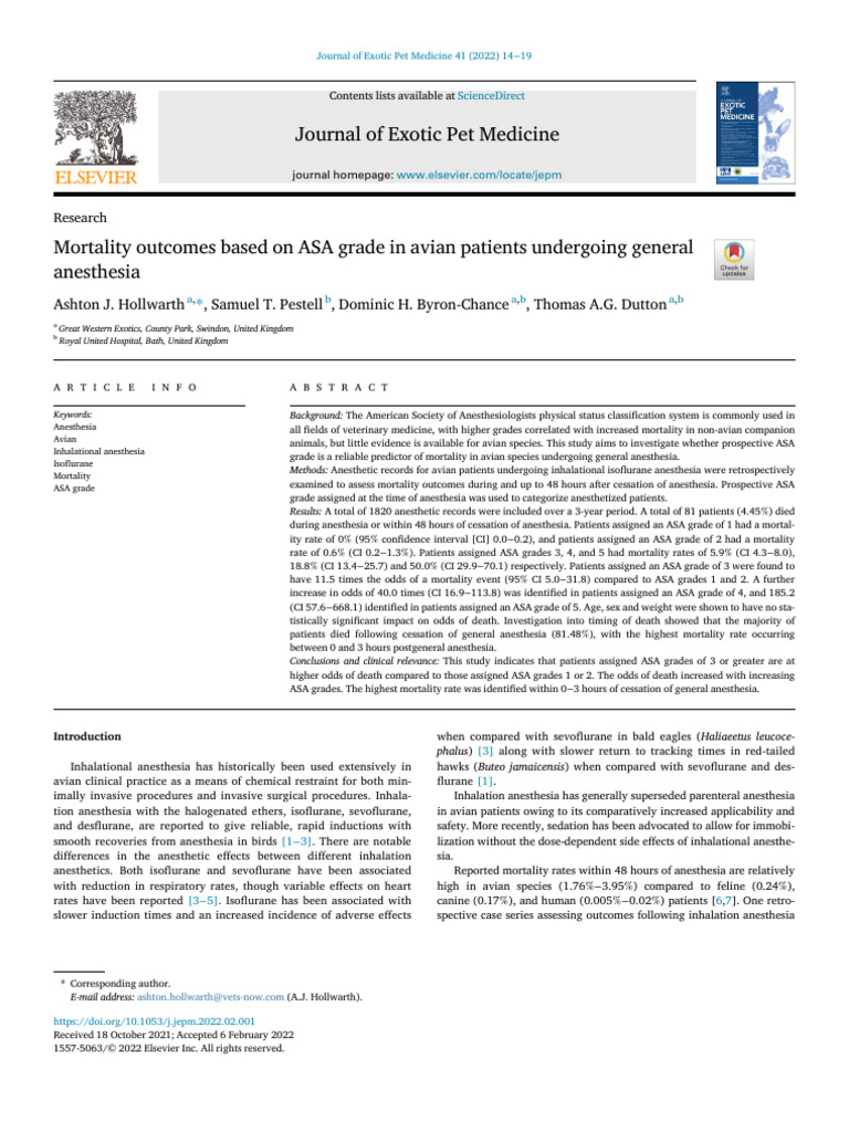 Mortality Outcomes Based On ASA Grade in Avian Patie - 2022 - Journal ...