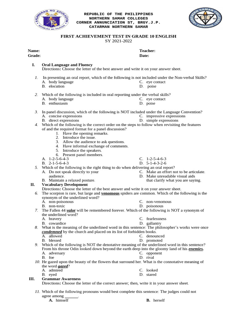 Grade 10 English Achievement Test | PDF | Hector | Achilles
