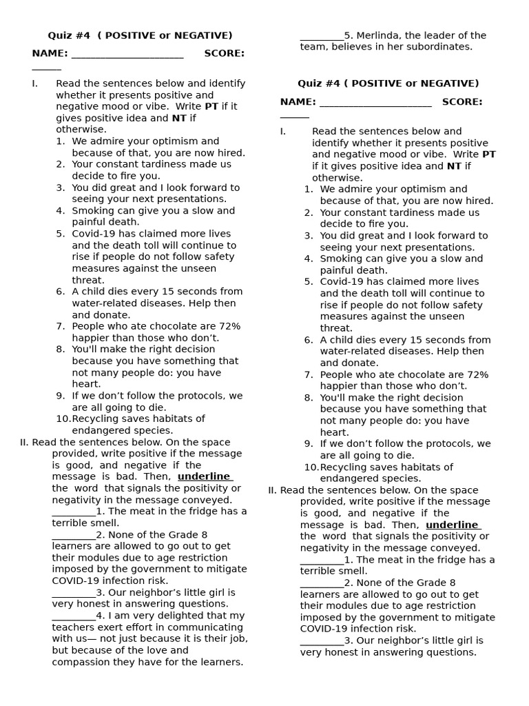 Positive and Negative Mood Quiz | PDF