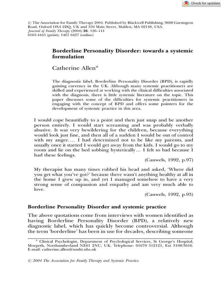 Journal of Family Therapy - 2004 - Allen - Borderline Personality Disorder Towards A Systemic ...