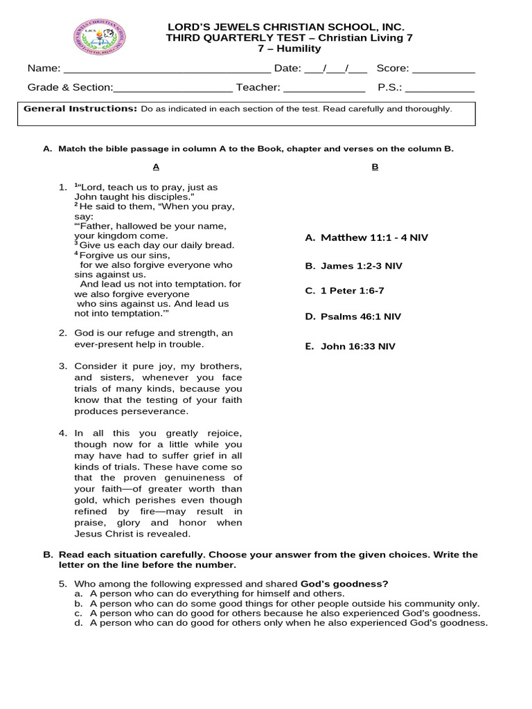 CL7 3q Test 2024NOANSWER | PDF | Prayer | Atheism