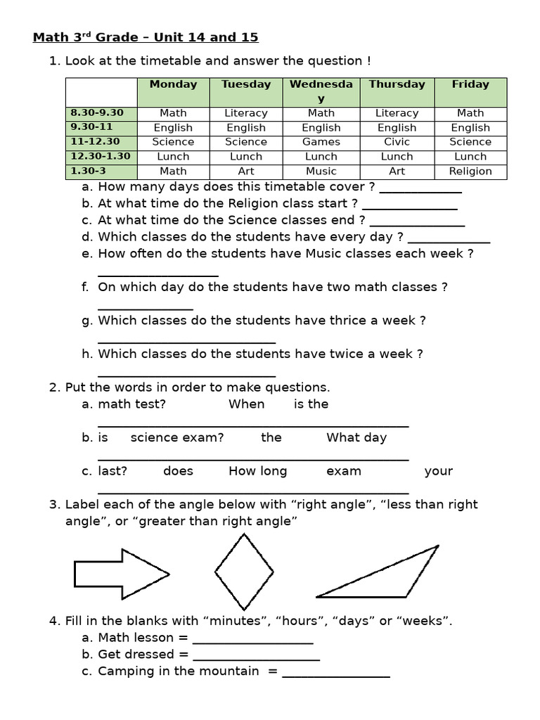 3rd Grade Math Timetable Activities | PDF