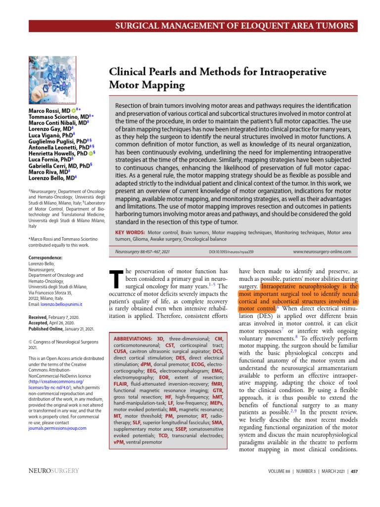 Clinical Pearls and Methods For Intraoperative Motor Mapping | PDF ...