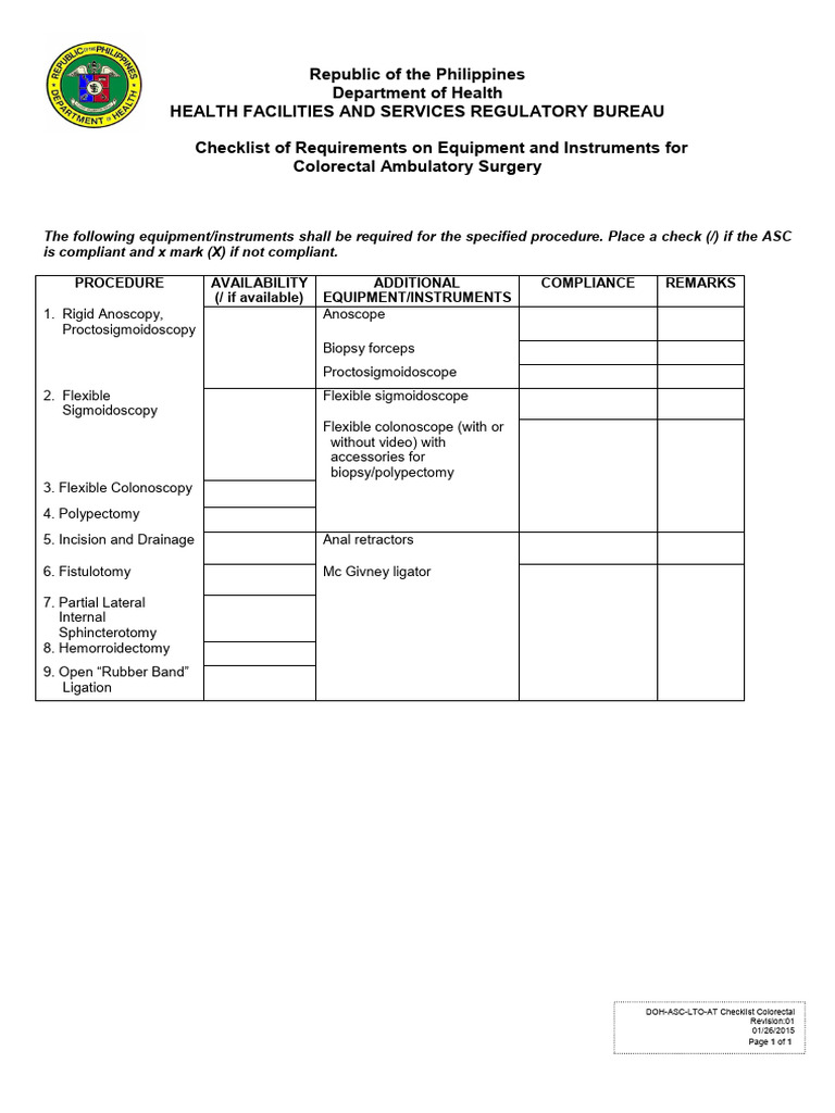 DOH ASC LTO at Checklist Colorectal 1262015rev1 | PDF