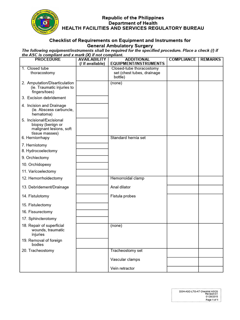 DOH ASC LTO at Checklist General Surgery | PDF