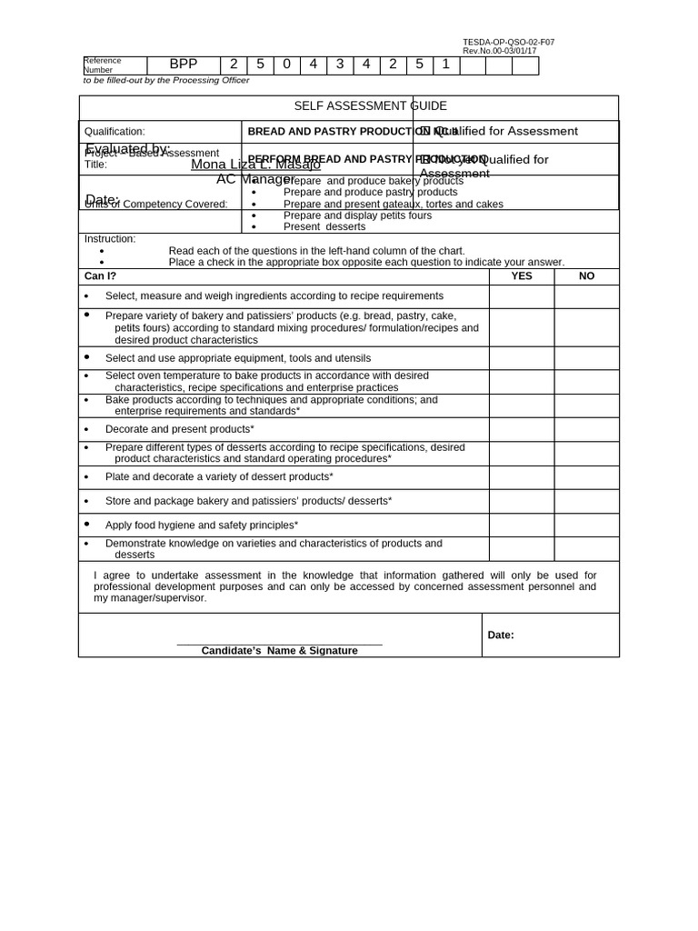 Self Assessment Guide - BPP NC II | PDF | Cakes | Bakery