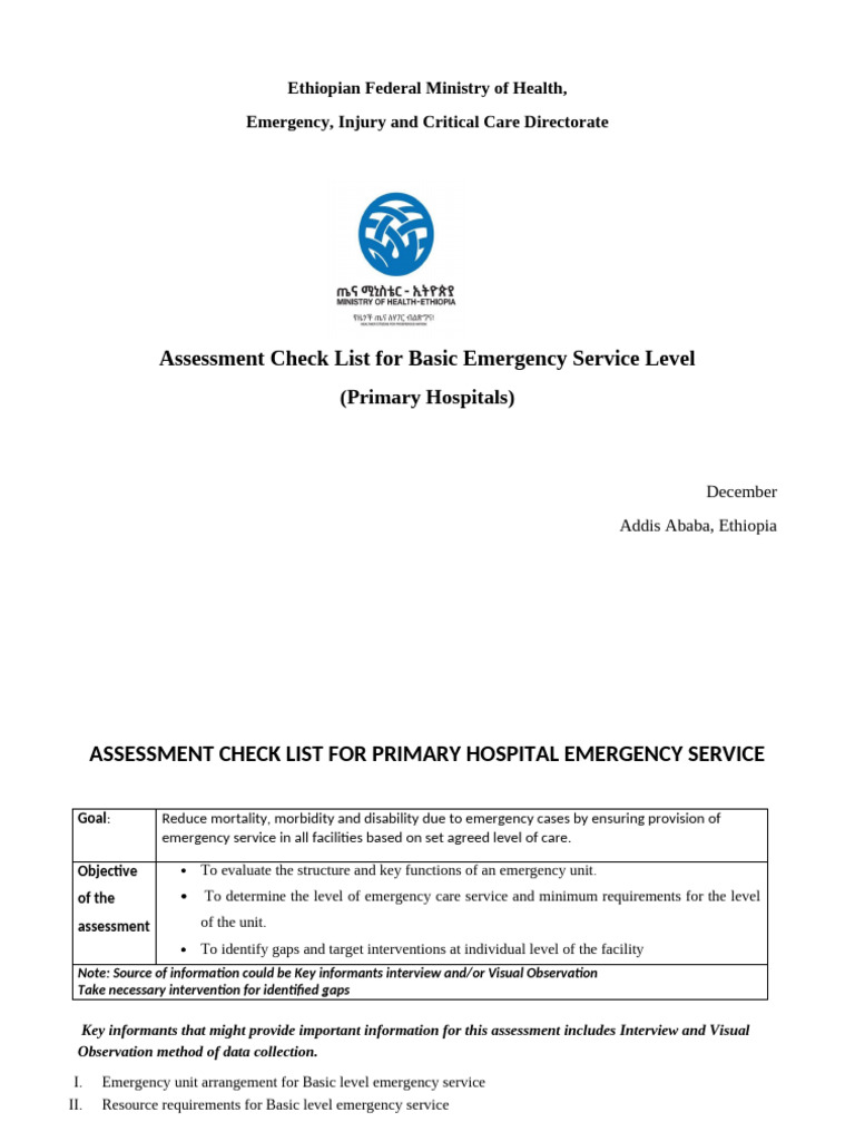 Primary Hospital Emergency Service Checklist | PDF | Emergency Department