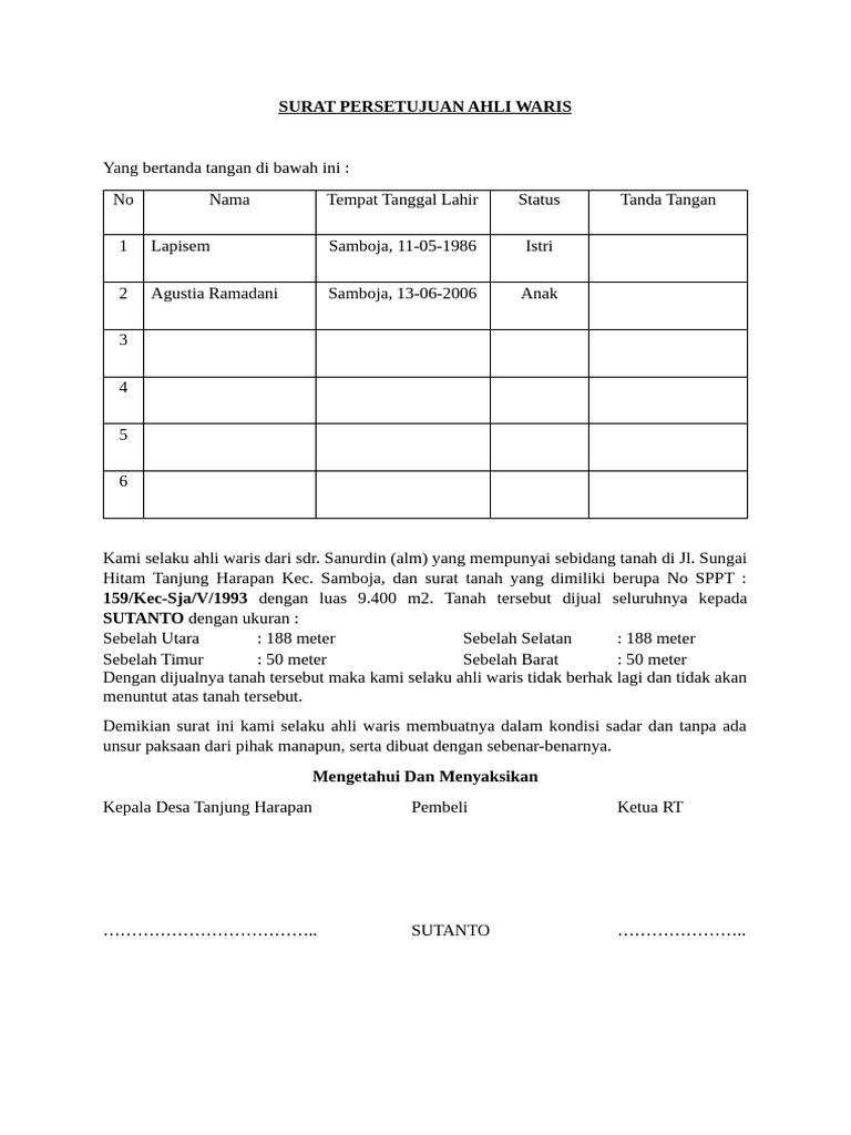 Surat Persetujuan Ahli Waris Tanah | PDF