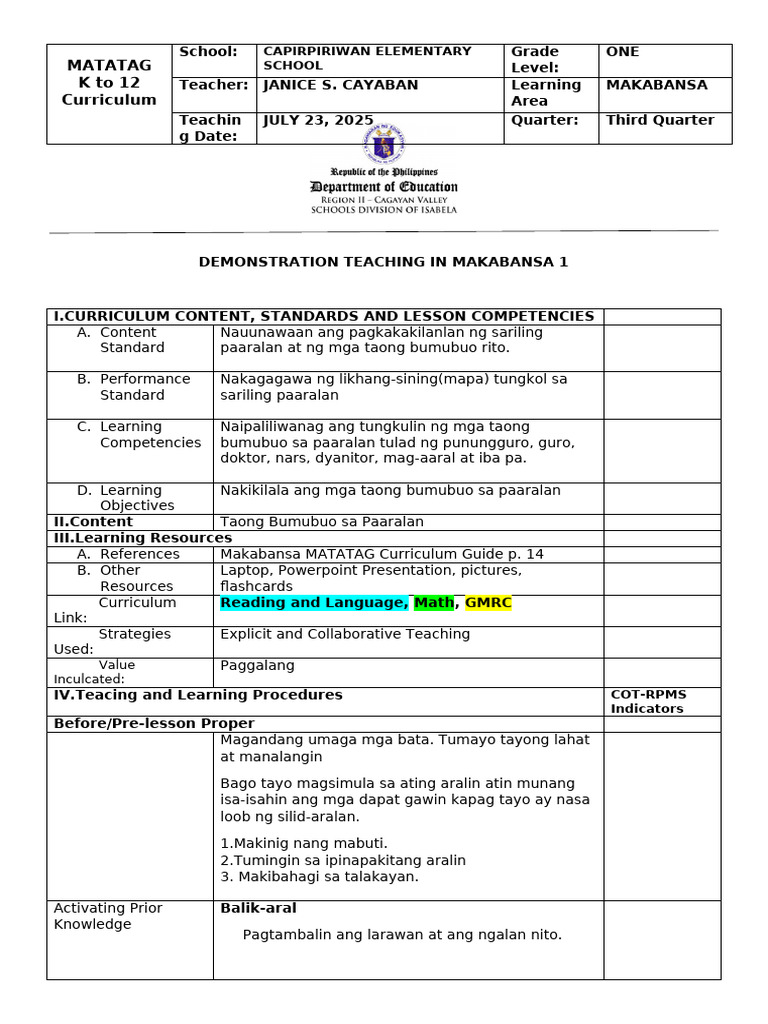 Lesson Exemplar in Matatag Curriculum For Demonstration Teaching ...