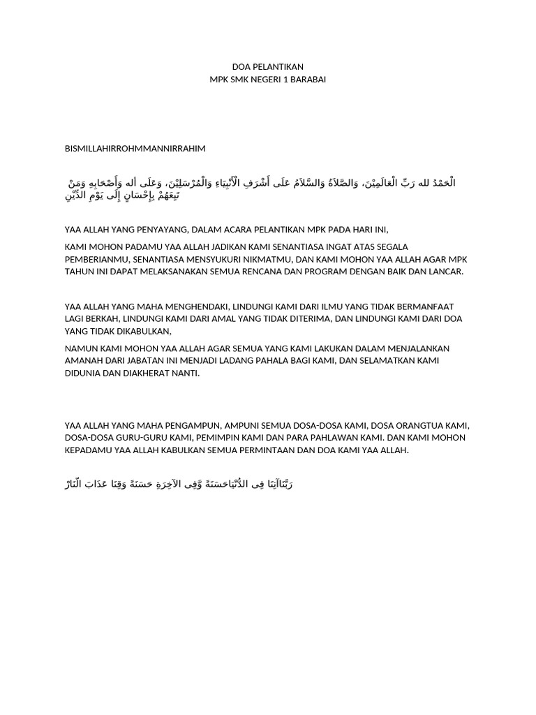 Doa Pelantikan MPK | PDF