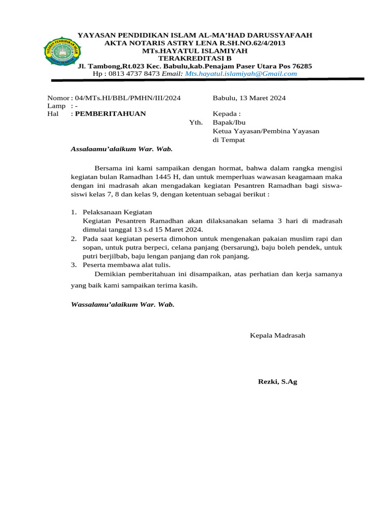 Pemberitahuan Pesantren Ramadhan 2024 | PDF
