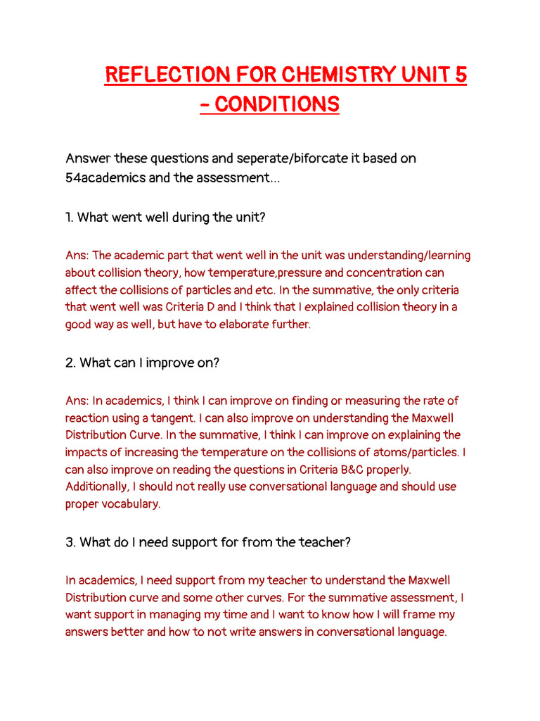 Chemistry Unit 5 Reflection and Improvement | PDF