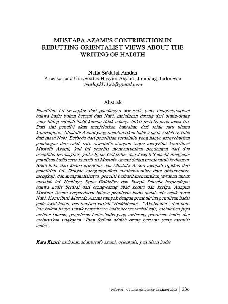 Jurnal Nabawi-Mustafa Azami Contribution | PDF | Hadith | Muhammad