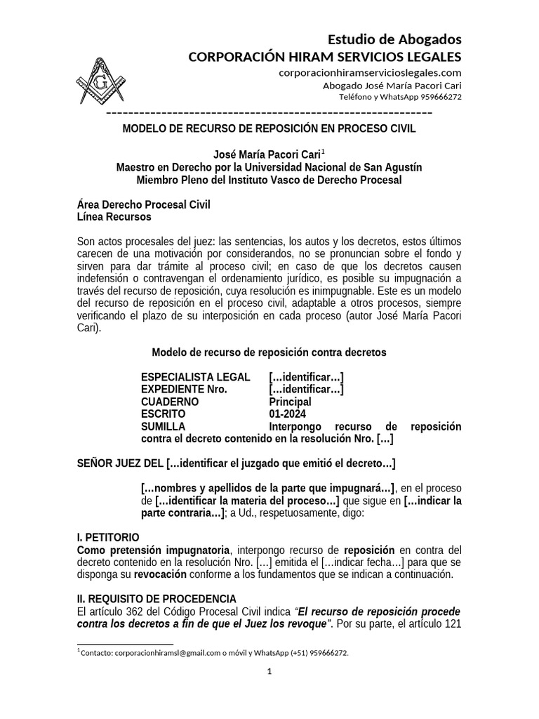 Modelo Recurso Reposicion en Proceso Civil Autor Jose Maria Pacori Cari | PDF | Apelación ...