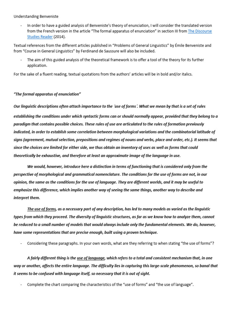 Understanding Benveniste - complete -.docx | PDF | Linguistics | Semantics