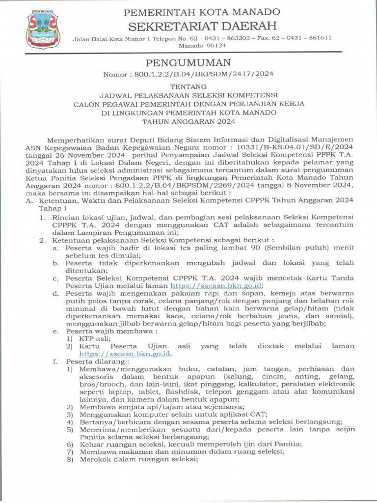 PENGUMUMAN JADWAL PELAKSANAAN SELEKSI KOMPETENSI CPPPK 2024 | PDF