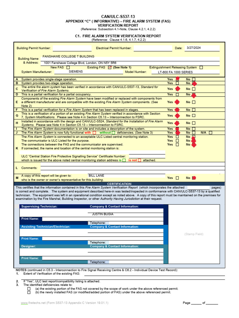Fire Alarm System Verification Report | PDF | Power Supply | Electrical ...