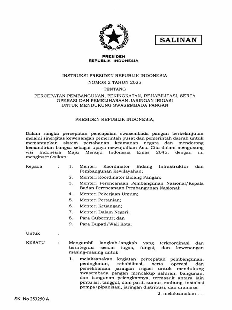 Salinan Inpres Nomor 2 Tahun 2025 - Percepatan.... Irigasi Untuk ...