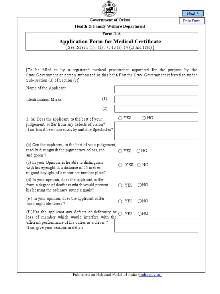 Application Form For Medical Certificate: Health & Family Welfare ...